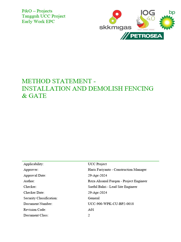 UCC-900-WPK-CU-BP2-0018 - Method Statement For Installation and Demolish Fencing & Gate | PDF ...