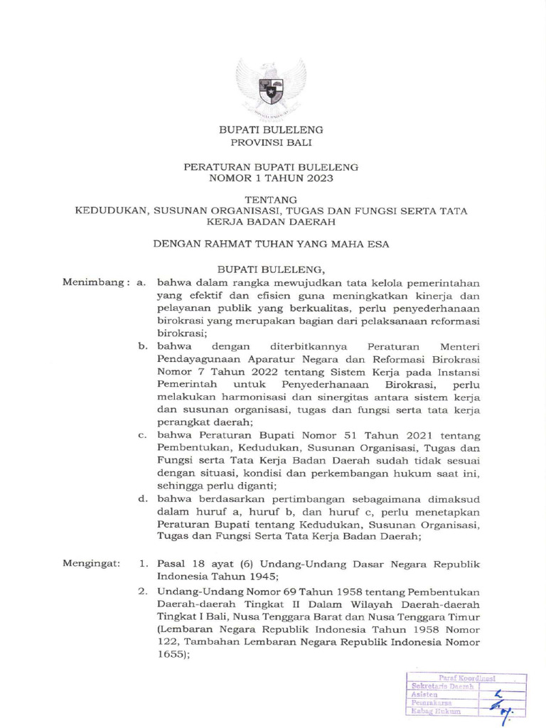 Perbup No 1 Tahun 2023 Tentang SOTK Badan Daerah | PDF