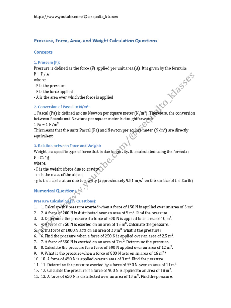 Pressure and Weight Calculation Guide | PDF | Force | Weight