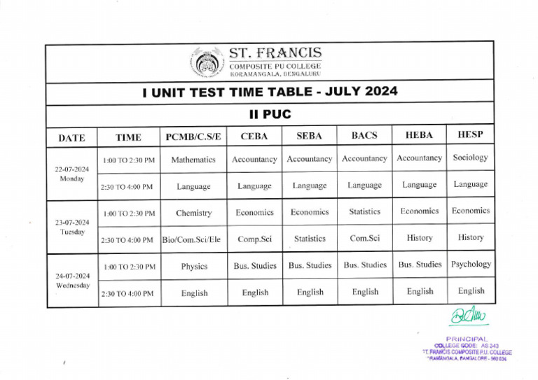 Ii Puc Unit Test Time Table | PDF