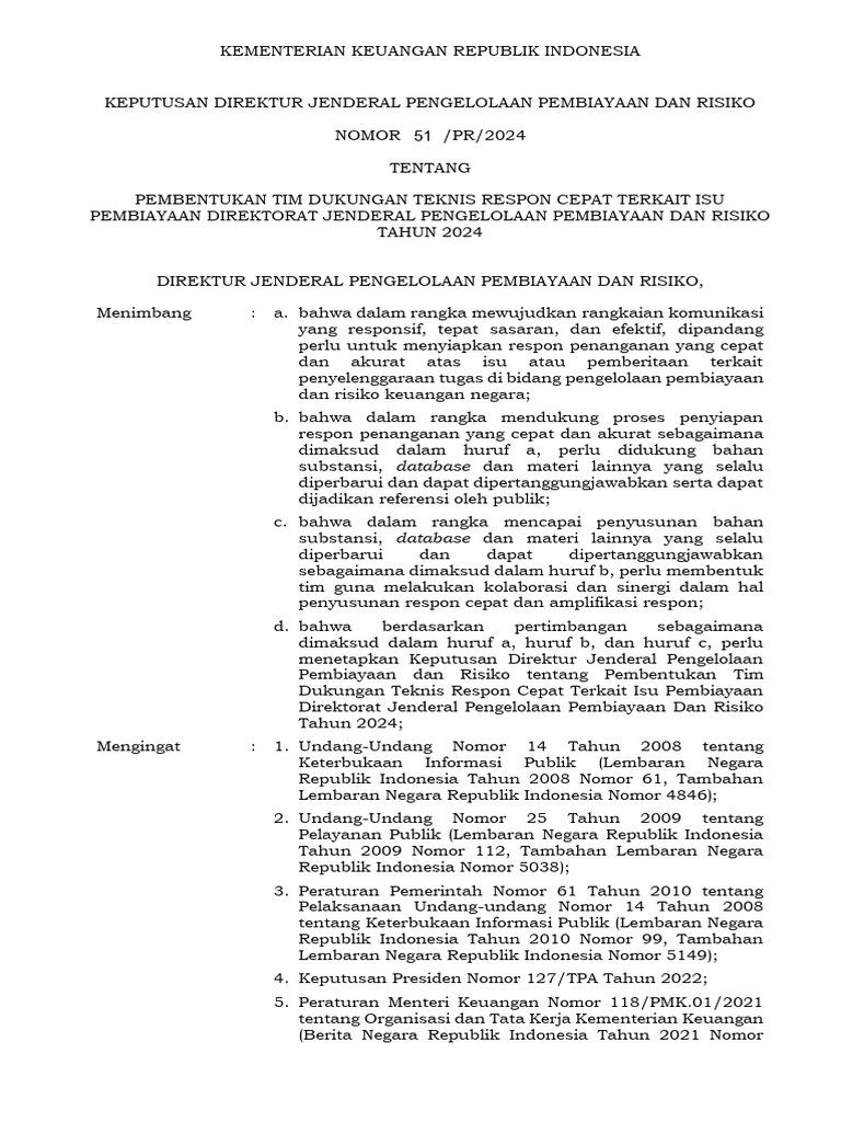 Kepdirjen Nomor 51 PR 2024 Tentang Tim Respon Cepat 2024 | PDF