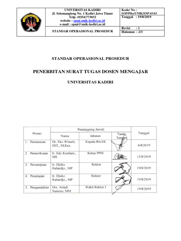 SNP.03.03 SOP Penerbitan Surat Tugas Mengajar Dosen | PDF
