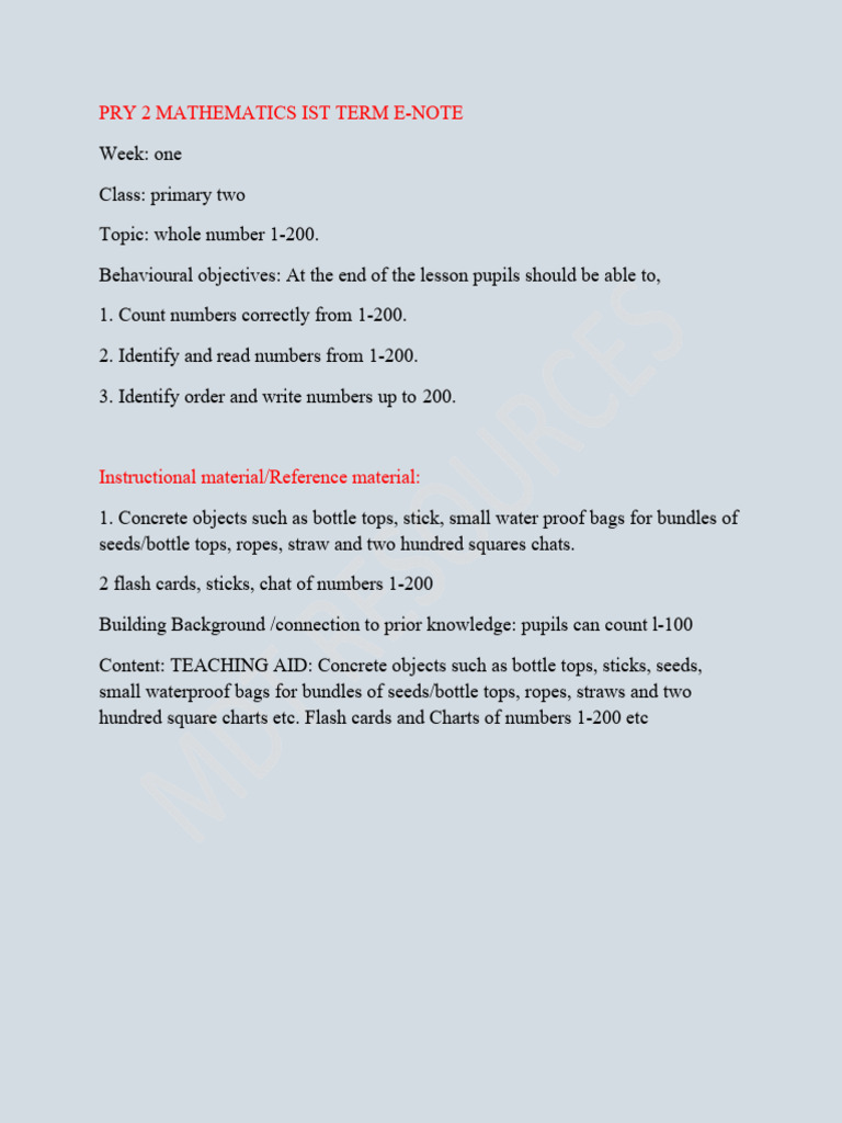 Primary 2 Mathematics First Term Plan | PDF | Multiplication ...