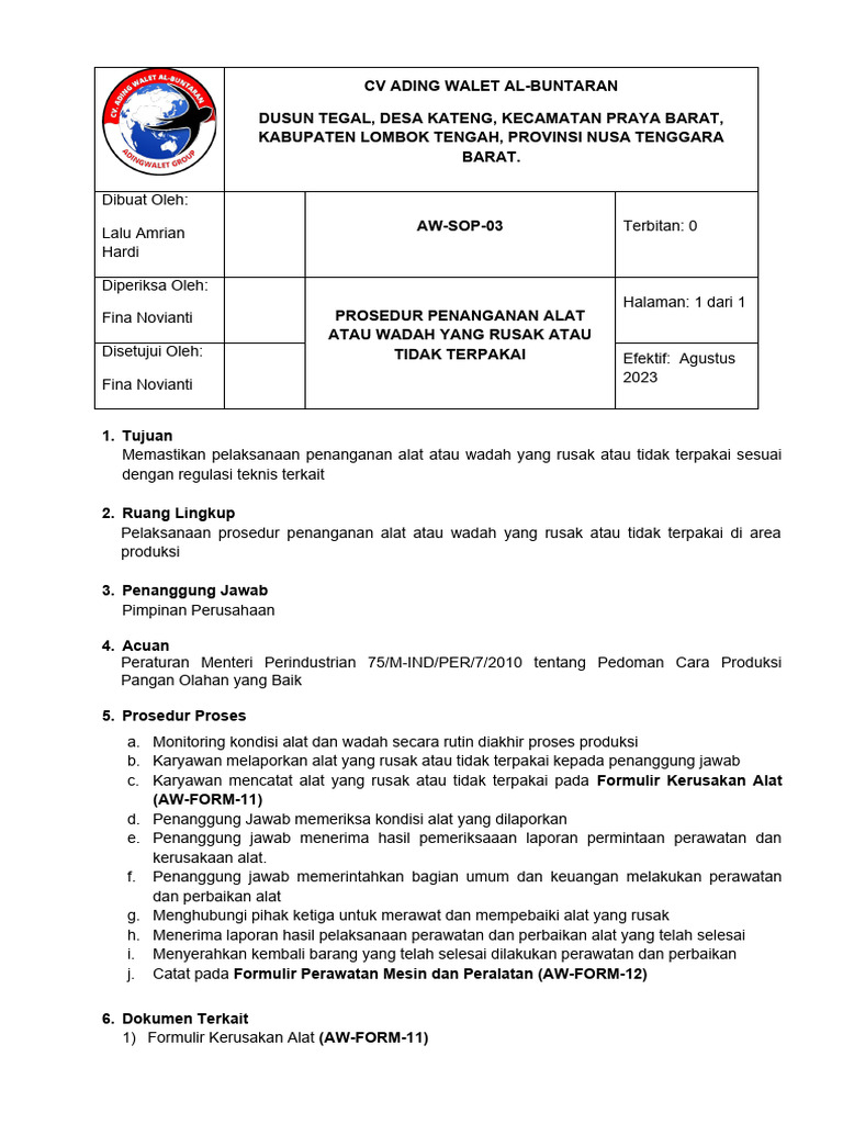 SOP-03-Prosedur Penanganan Alat Atau Wadah Yang Rusak Atau Tidak Terpakai | PDF