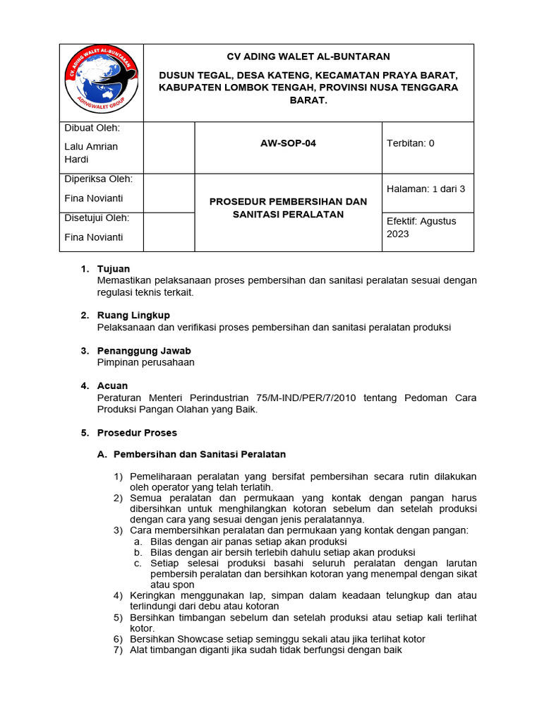 SOP-04 - Prosedur Sanitasi Peralatan | PDF | Griya & Taman