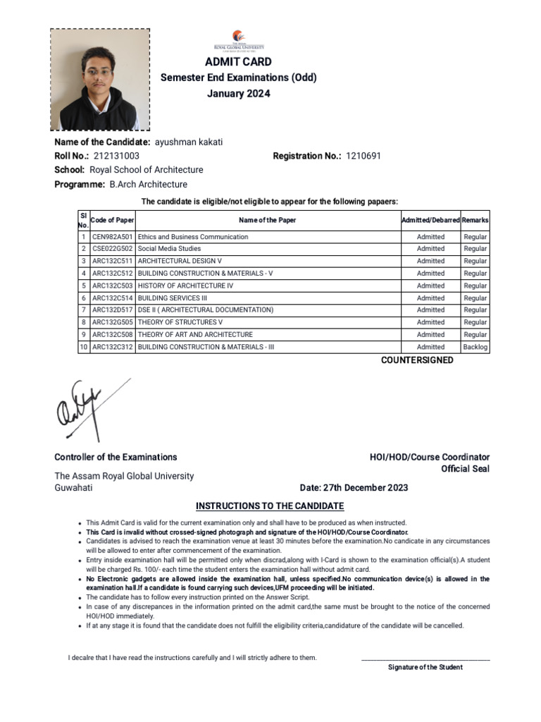 Admit Card 5th Sem | PDF