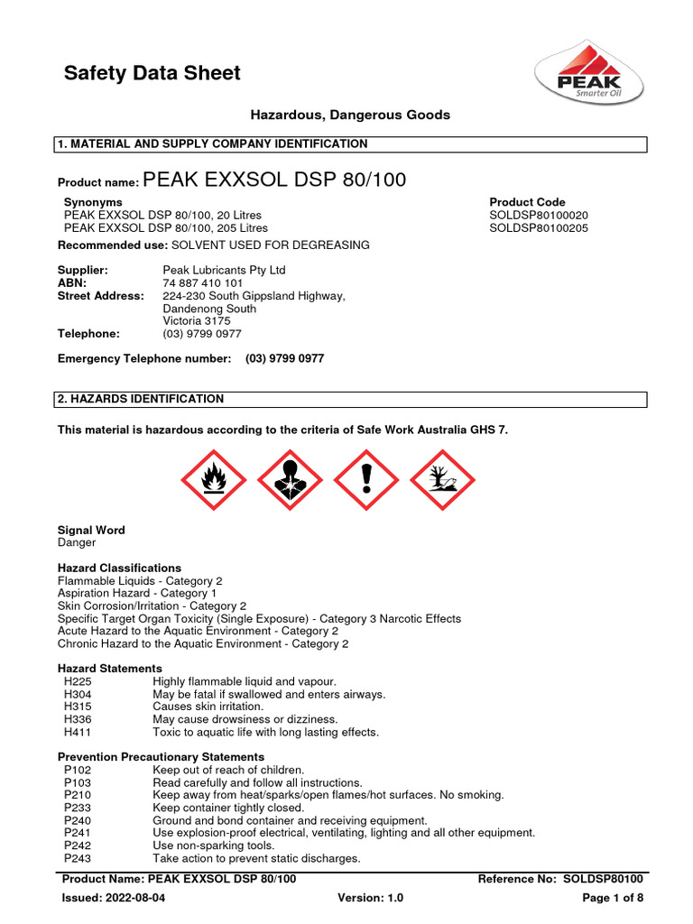 Peak Exxsol DSP 80 100-SDS | PDF | Dangerous Goods | Toxicity