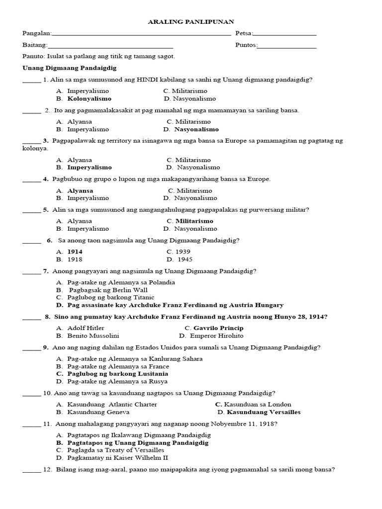 Ap 4 Long Quiz World War 1 and 2 | PDF