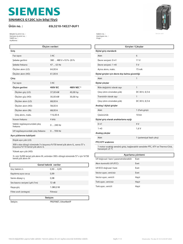 6SL3210-1KE27-0UF1 Datasheet TR | PDF