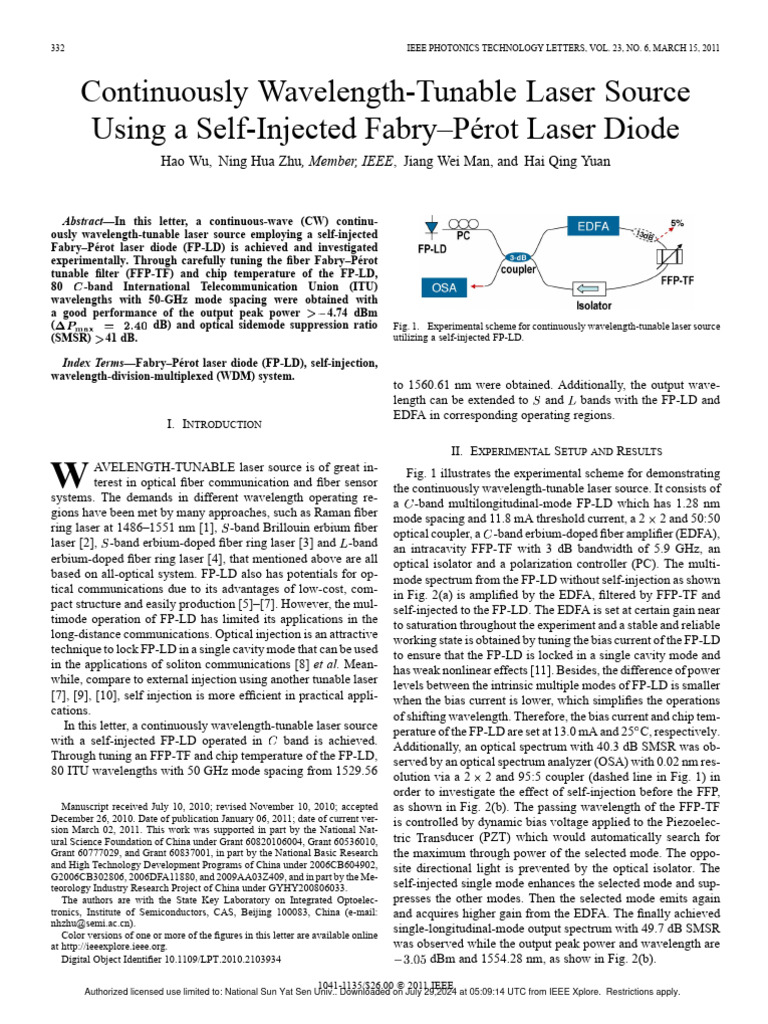 Continuously Wavelength-Tunable Laser Source Using A Self-Injected FabryProt Laser Diode | PDF ...
