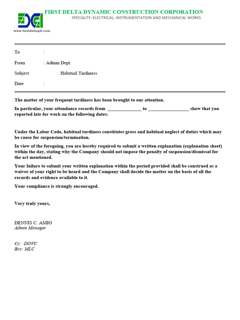 Habitual Tardiness Template | PDF | Business | Technology & Engineering