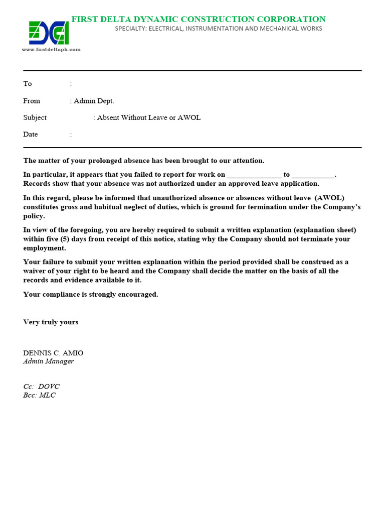 Notice To Explain AWOL Template | PDF
