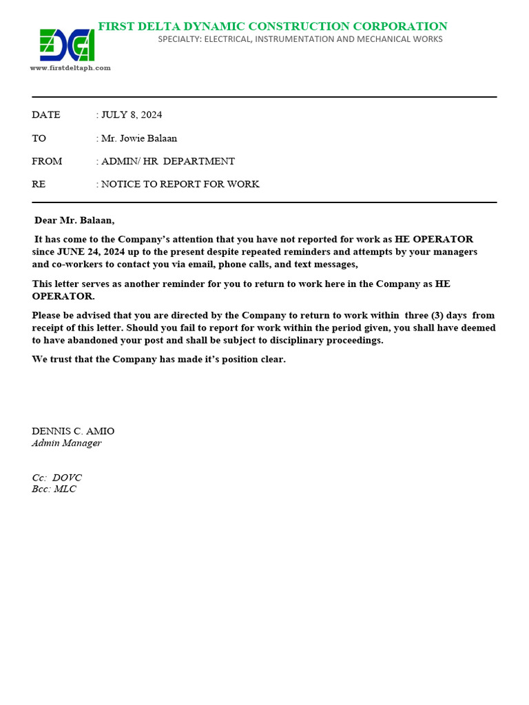 Notice To Report For Work Template | PDF