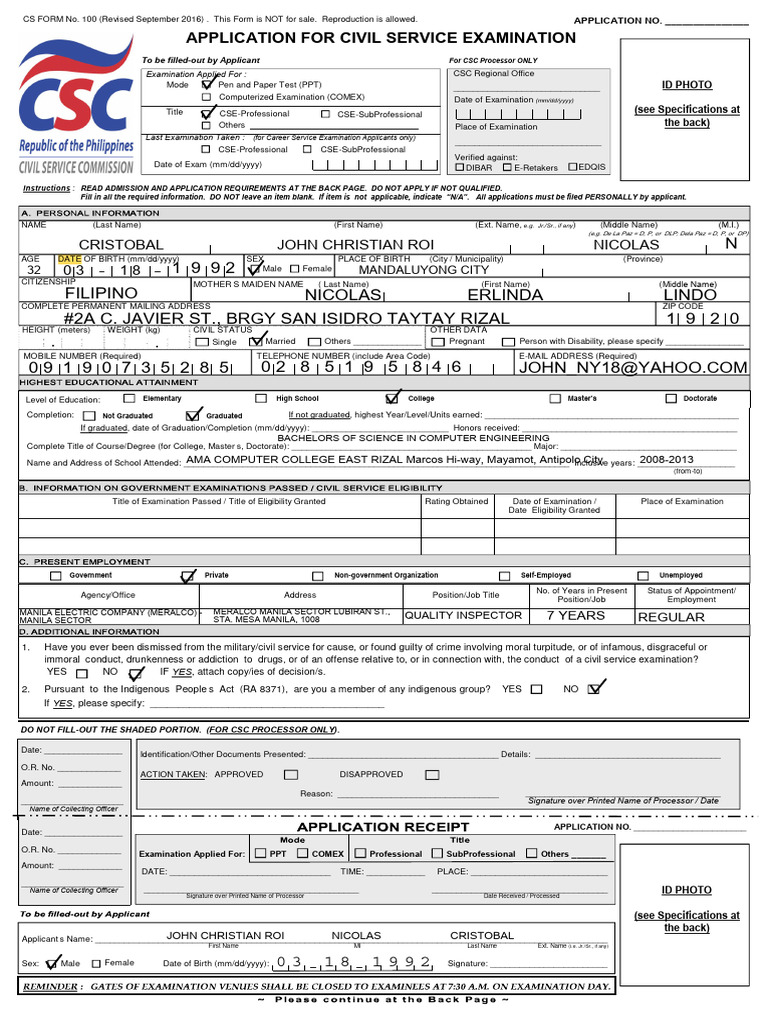 Civil Service Examination Form - CS Form No. 100 (Revised September ...
