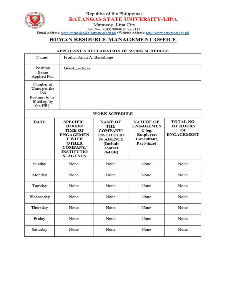 Declaration of Work Schedule - Bartolome, Froilan Arlan Alfonso | PDF ...