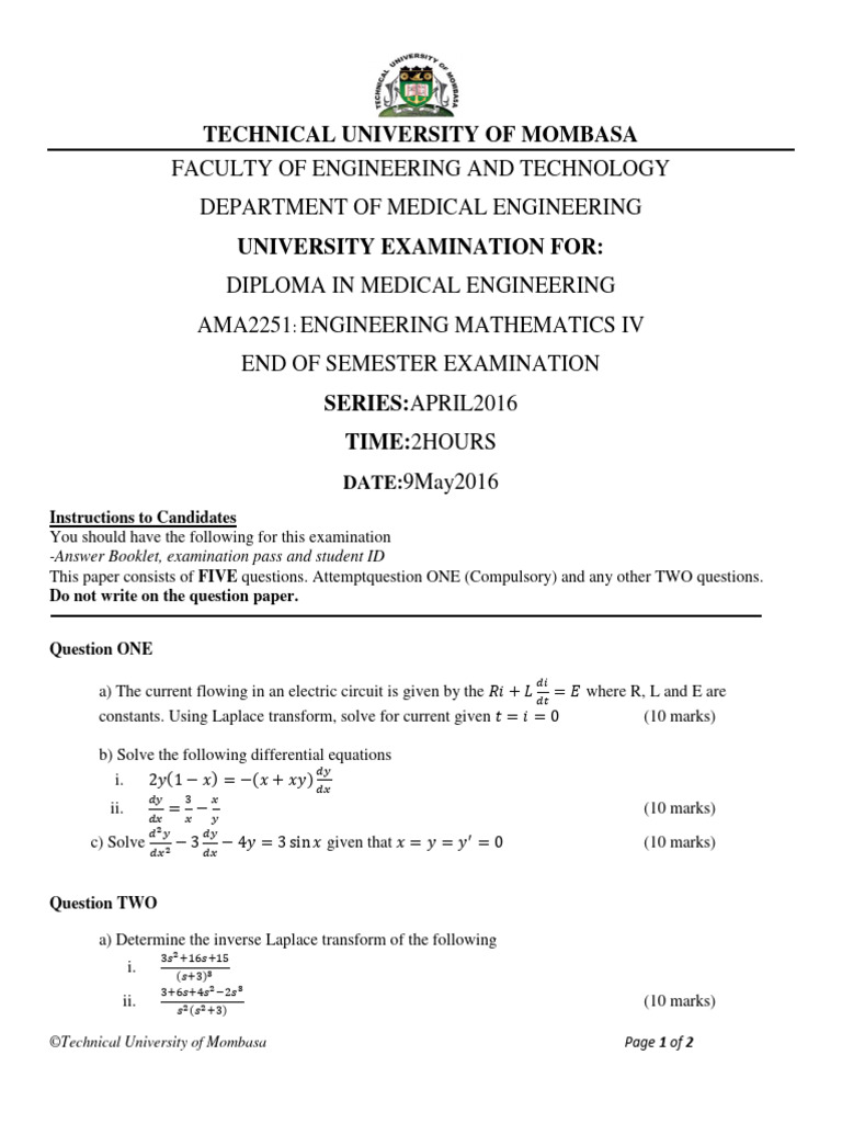AMA 2251 Engineering Mathematics IV-Ord | PDF | Laplace Transform | Electrical Network