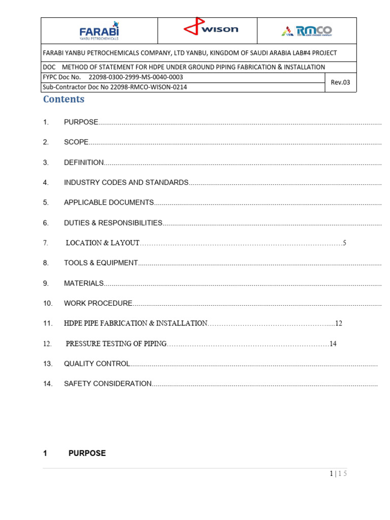 Method of Statement For Hdpe Under Ground Piping Fabrication & Installation | PDF | Pipe (Fluid ...