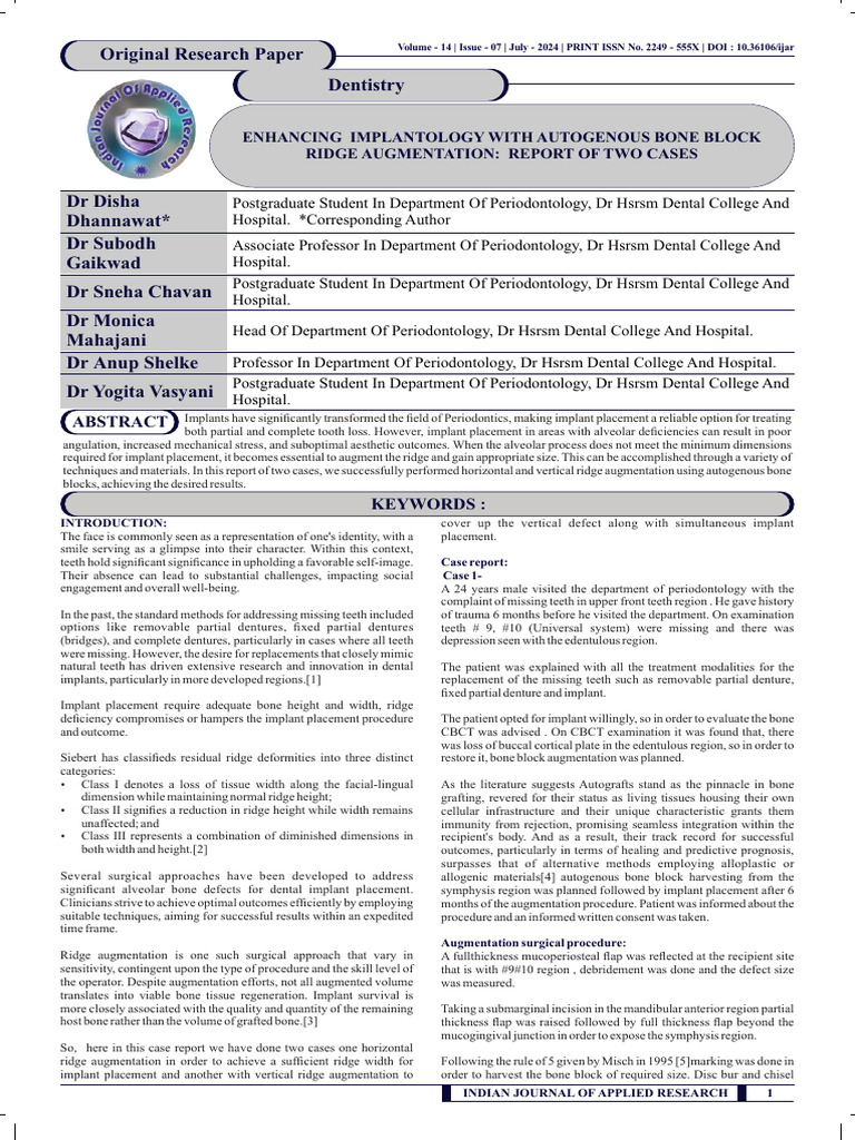 Enhancing Implantology With Autogenous Bone Block Ridge Augmentation ...