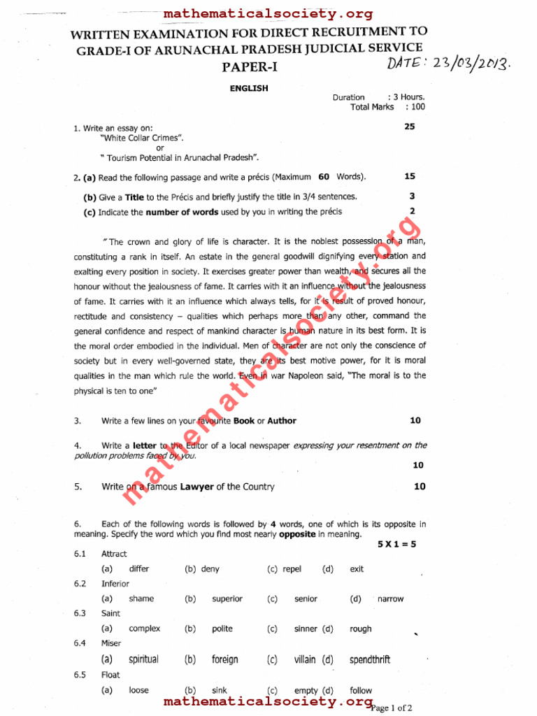 APJS Paper 2013 Grade - 1 (Paper - 1) | PDF