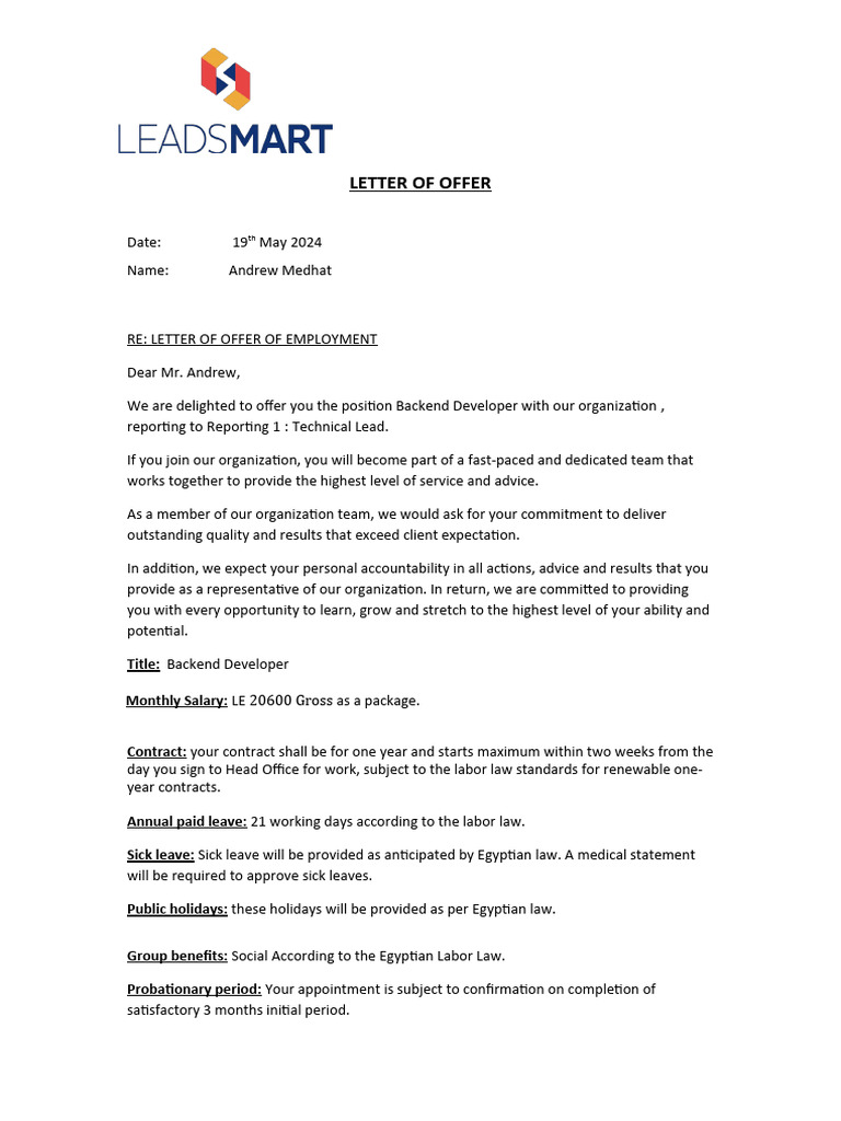 Offer Letter - Andrew | PDF | Business