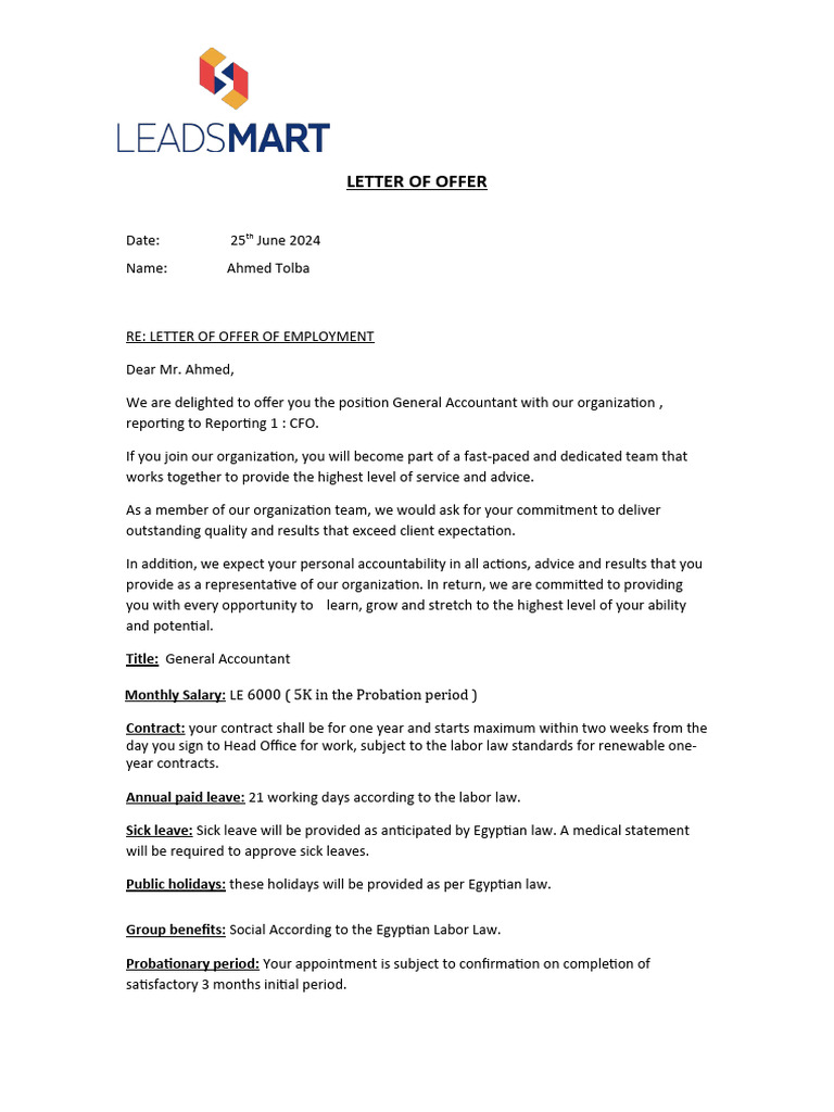 Employment Offer Letter for Accountant | PDF