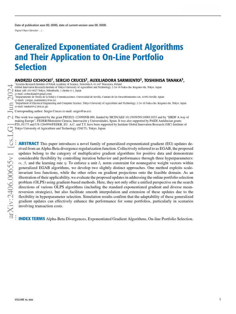 Generalized Exponentiated Gradient Algorithms and Their Application To On-Line Portfolio ...