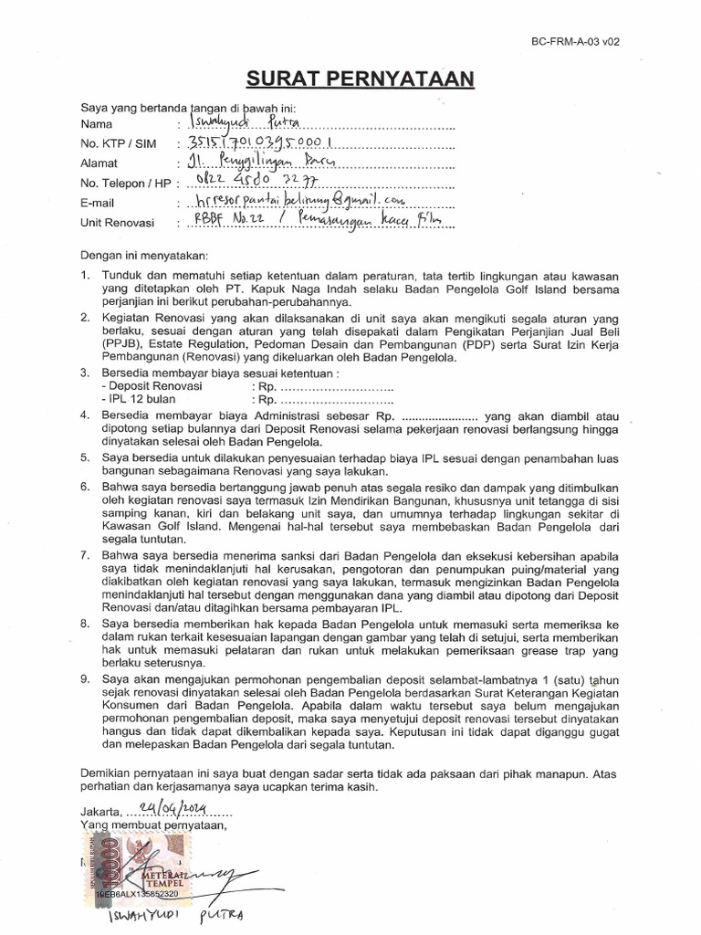 Surat Pernyataan Renovasi | PDF