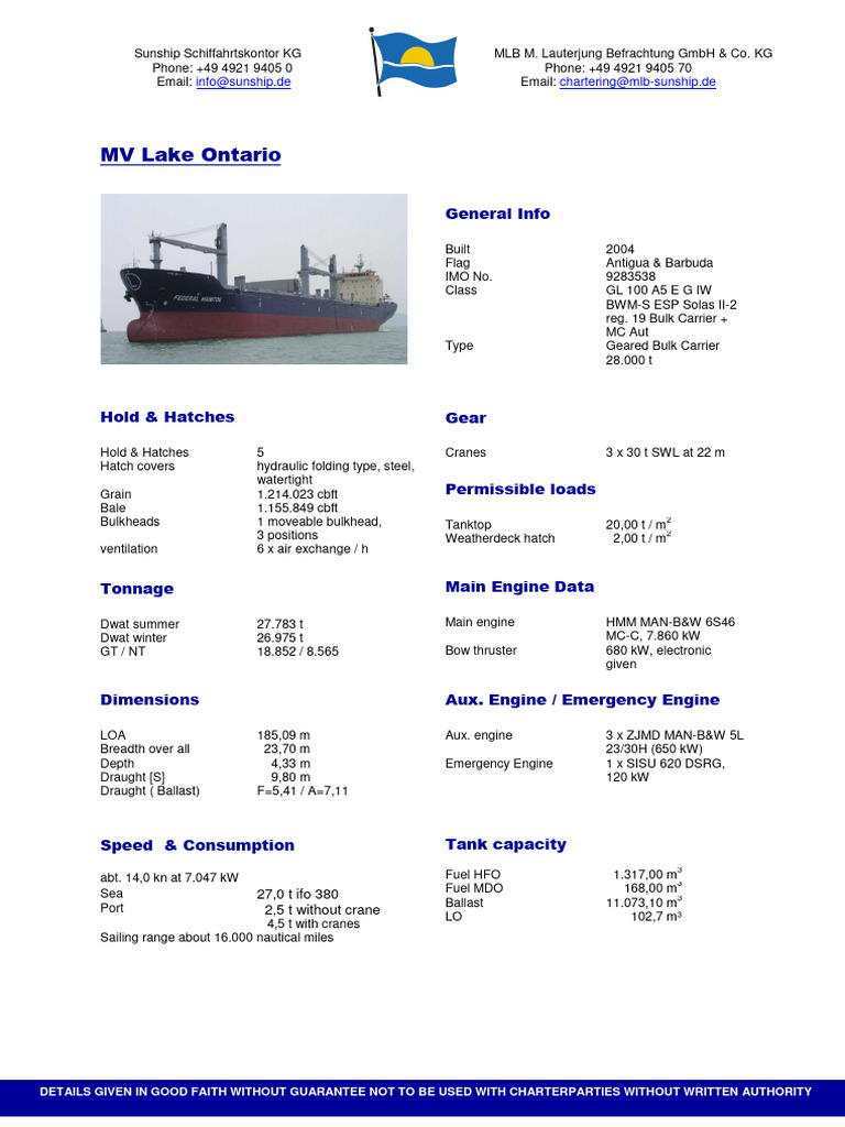 MV Lake Ontario IMO 9283538 | PDF | Shipping | Ships