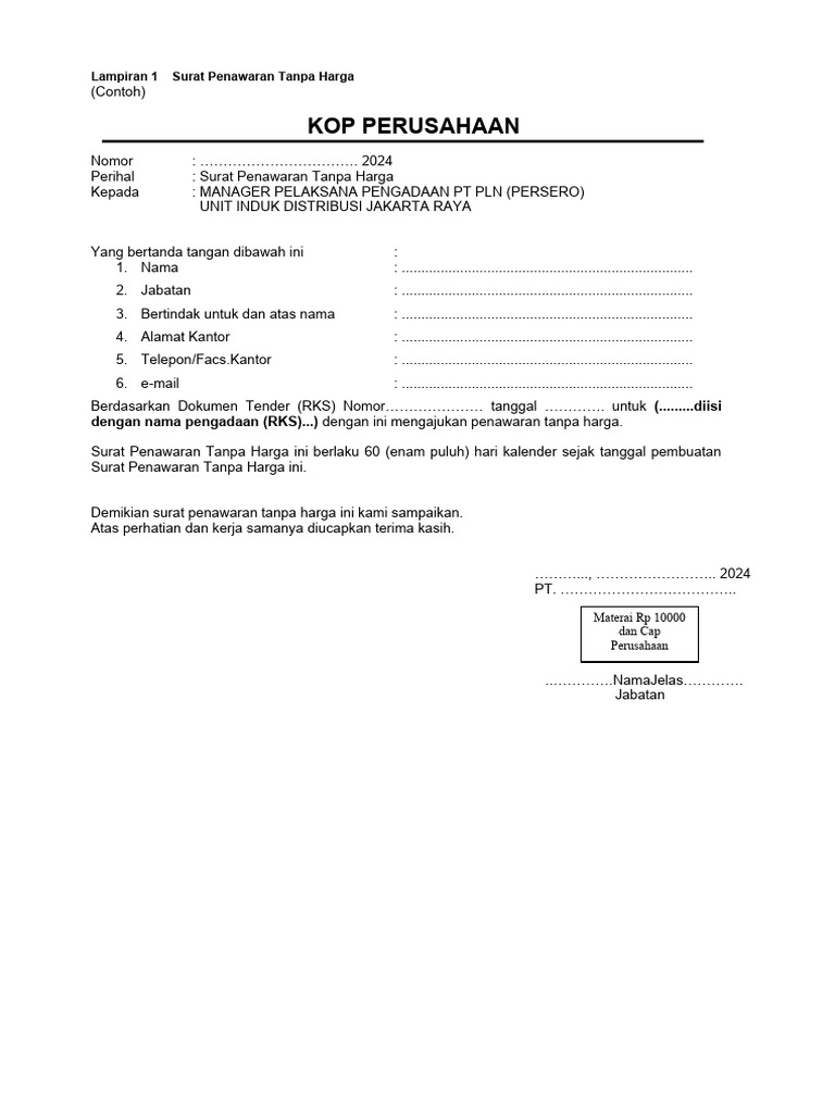 Surat Penawaran dan Pernyataan Tender PLN | PDF | Teknologi & Rekayasa