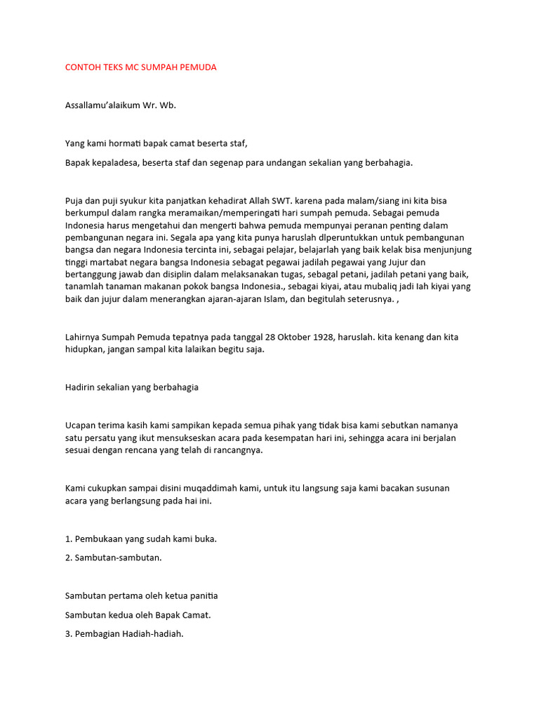 Teks MC Sumpah Pemuda | PDF | Perjalanan | Kajian Bahasa Asing