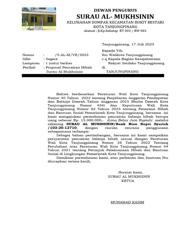 Proposal Hibah Surau Al-Mukhsinin Tanjungpinang | PDF