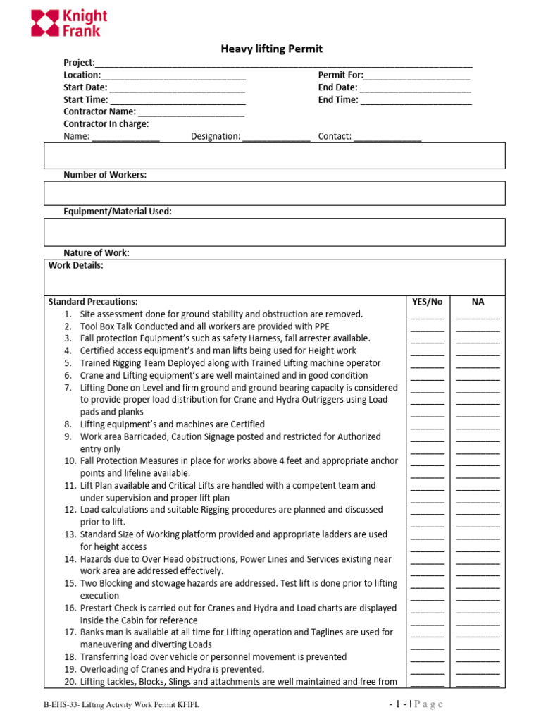 KF Lifting Activity Permit | PDF | Crane (Machine) | Safety