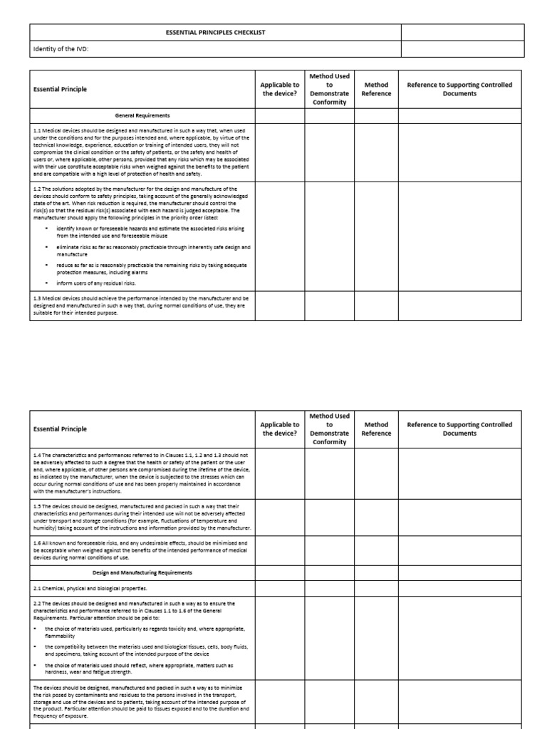 IVD Essential Principles Checklist | PDF | Risk | Medical Device