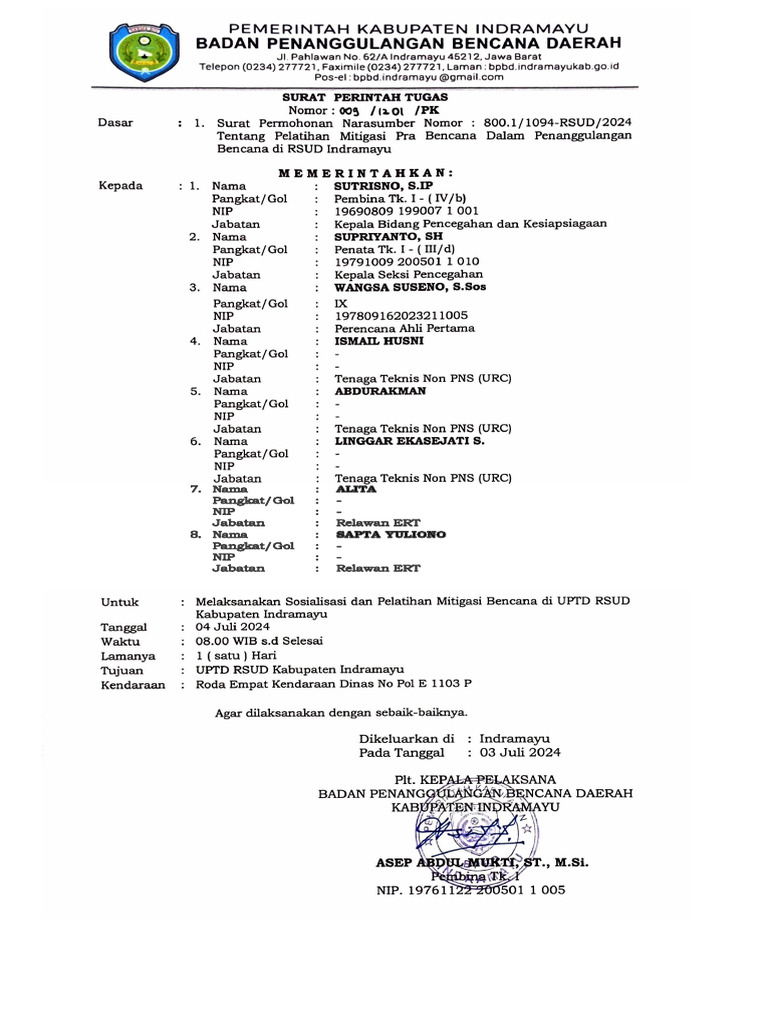 Surat Perintah Tugas Pelatihan Mitigasi Bencana Di UPTD RSUD Indramayu ...