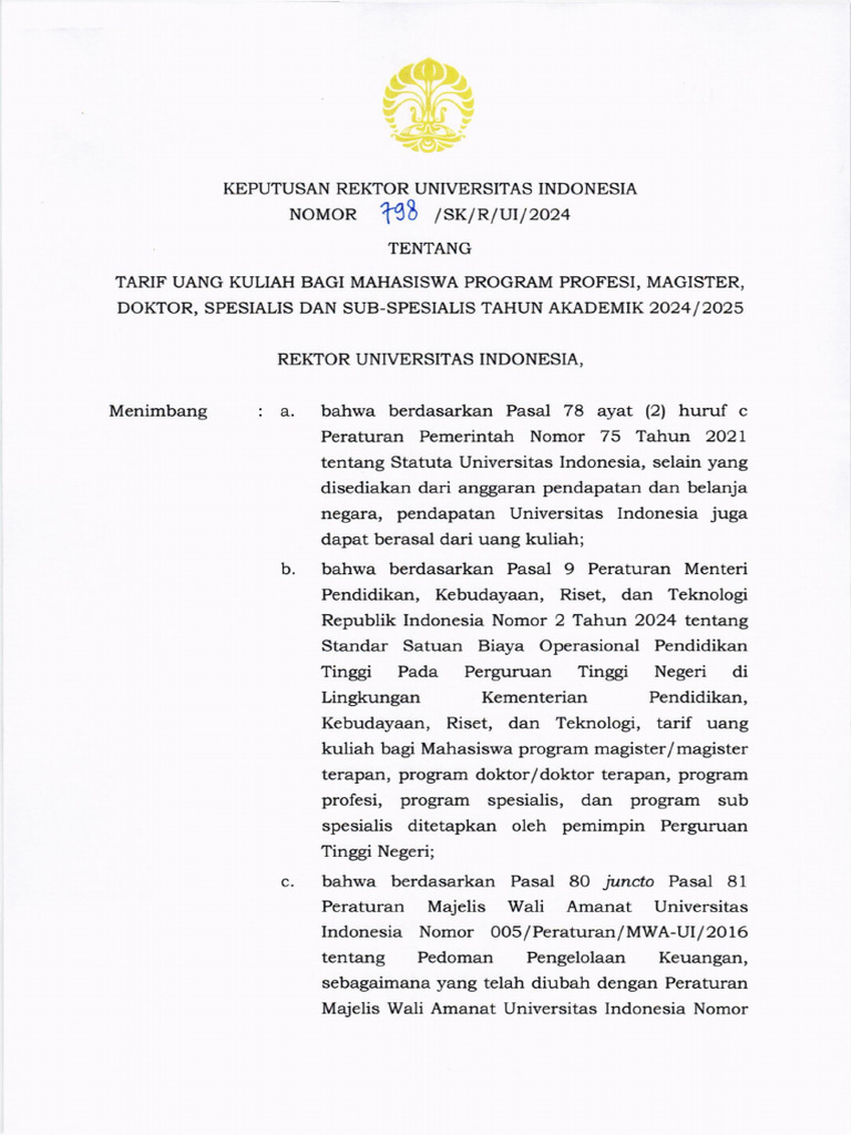 HTTPSWWW - Ui.ac - Idwp contentuploads202405SK 2024 NO 798 Tentang Tarif Uang Kuliah Bagi ...