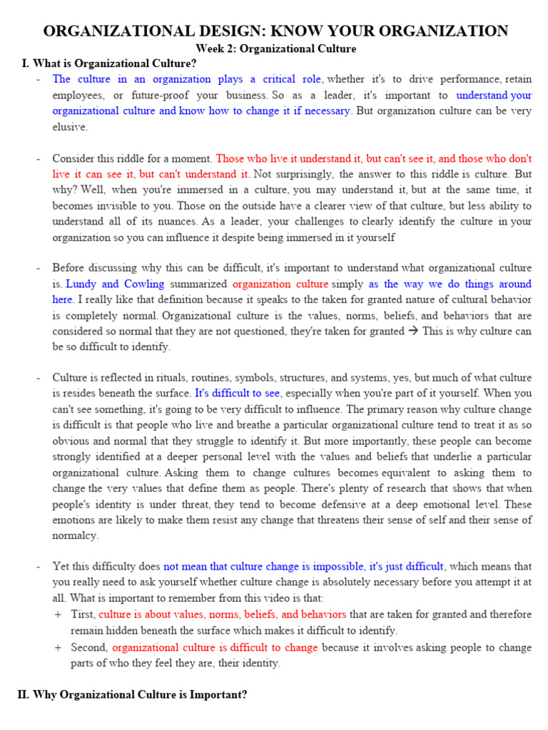 Week 2 - Organizational Culture | PDF | Organizational Culture | Risk