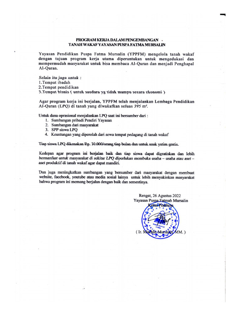 Program Kerja Tanah Wakaf Ypfm | PDF
