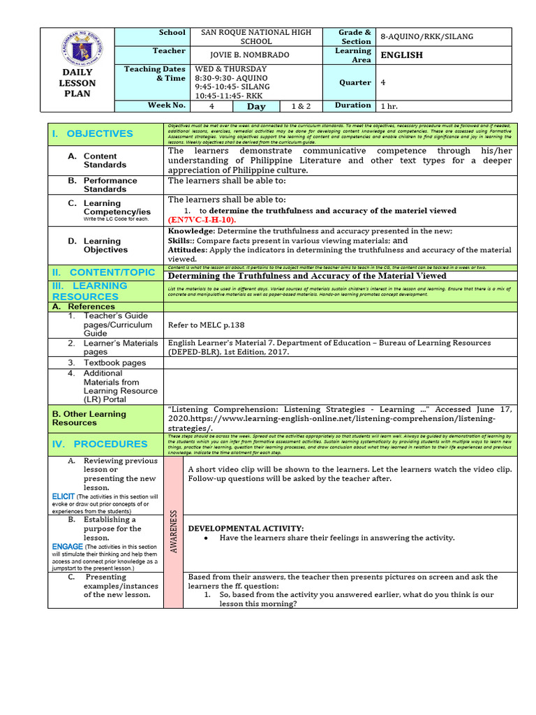 MELC-Based English Lesson Plan | PDF | Educational Assessment | Learning