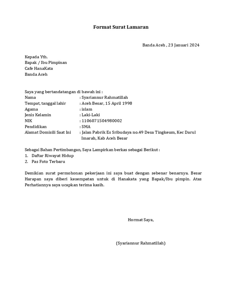 Surat Lamaran Rian | PDF