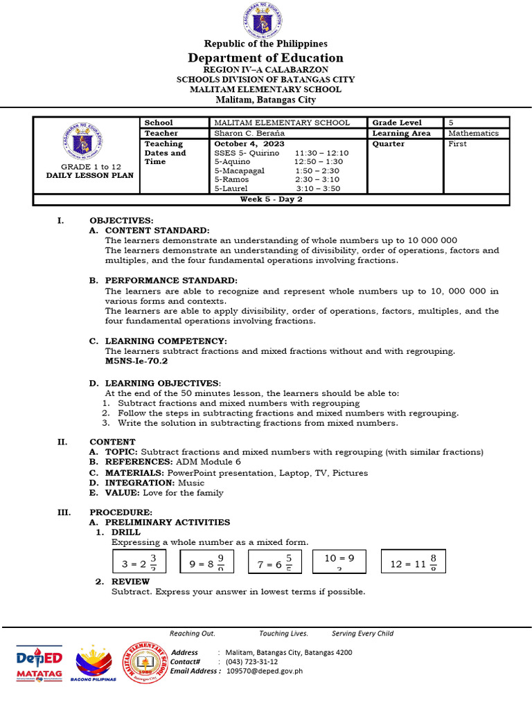 DLP Q1 W5 Day-2 Mathematics-5 | PDF | Subtraction | Arithmetic