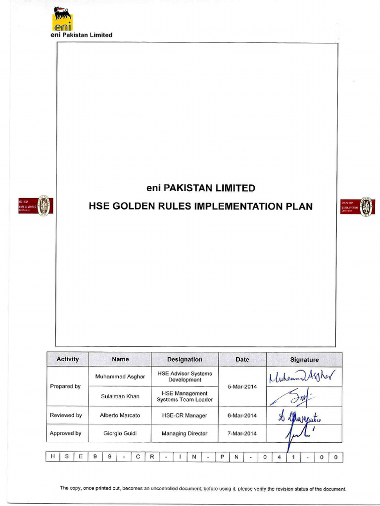 HSE Golden Rules Plan for eni Pakistan | PDF | Personal Protective ...
