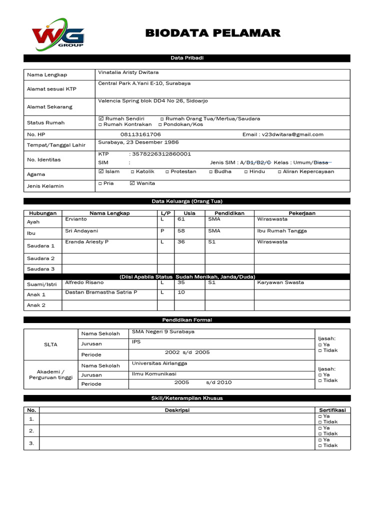 Formulir Biodata Pelamar | PDF