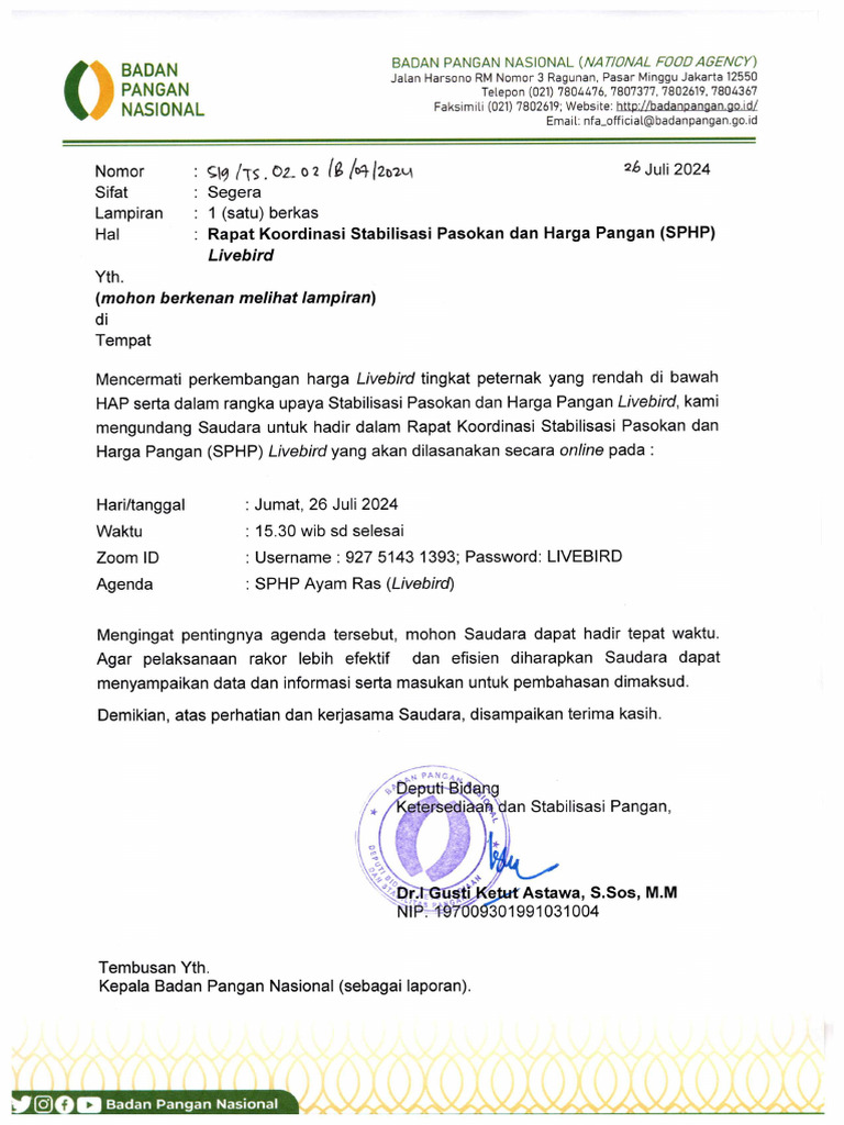 Surat Rapat Koordinasi SPHP Livebird - 26 Juli 2024 | PDF