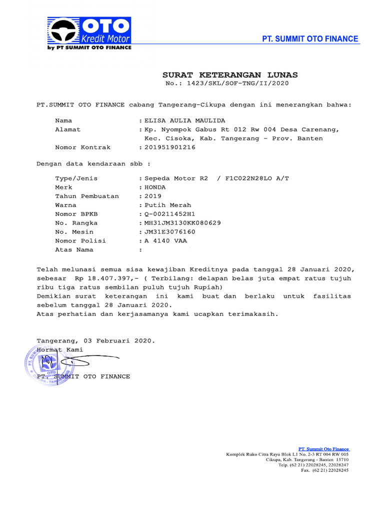 Surat LUNAS OTOSUMMIT OTO FINANCE TANGERANG Cikupa | PDF