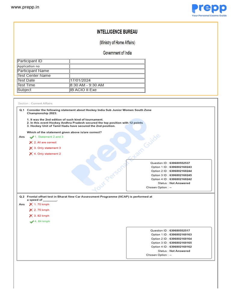 IB ACIO Grade II Executive Official Paper Held On 17 Jan 2024 Shift 1 ...
