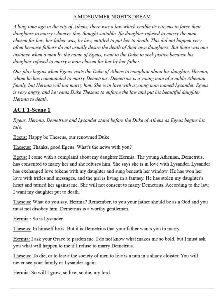 A Midsummer Night's Dream: Act 1 Summary | PDF | A Midsummer Night's Dream