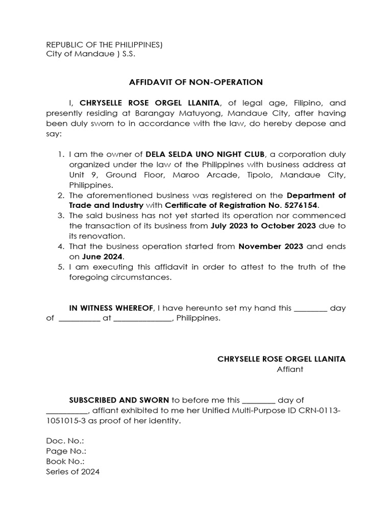 Afffidavit of Non-Operation | PDF