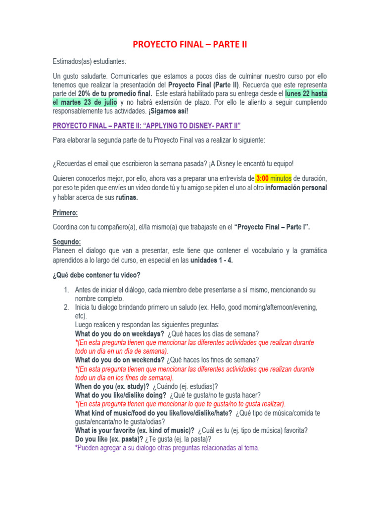 Ingles 1 - Proyecto Final Parte Ii | PDF