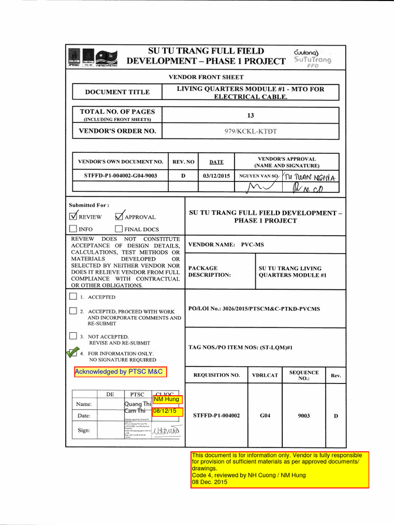STFFD-P1-004002-G04-9003 Rev D MTO For Electrical Cable - CL-C4 | PDF | Wire | Electrical Wiring