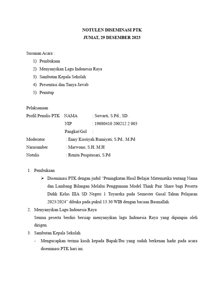 Notulen Diseminasi PTK Bu Warti | PDF | Karier & Perkembangan | Kesehatan Holistik